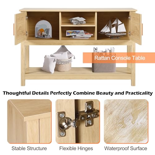 LAZZO Rattan Console Table 47" Narrow Entryway Table Sofa Table Behind Couch Table Coffee Bar with 2 Door Cabinets, 2 Drawers and Open Storage Shelf for Living Room, Foyer and Hallway Natural Wood