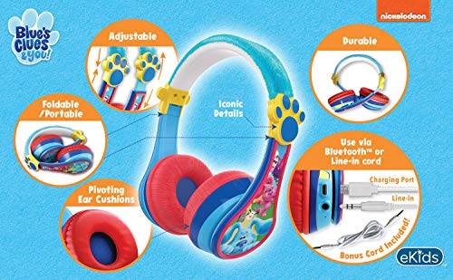 eKids Blues Clues Kids Bluetooth Headphones, Wireless Headphones with Microphone Includes Aux Cord, Volume Reduced Kids Foldable Headphones for School, Home, or Travel