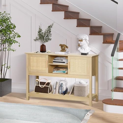 LAZZO Rattan Console Table 47" Narrow Entryway Table Sofa Table Behind Couch Table Coffee Bar with 2 Door Cabinets, 2 Drawers and Open Storage Shelf for Living Room, Foyer and Hallway Natural Wood
