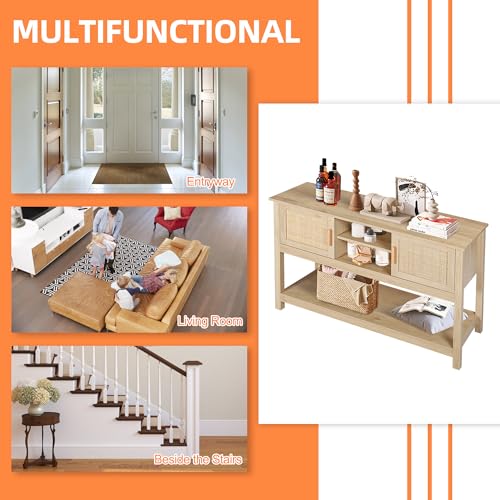 LAZZO Rattan Console Table 47" Narrow Entryway Table Sofa Table Behind Couch Table Coffee Bar with 2 Door Cabinets, 2 Drawers and Open Storage Shelf for Living Room, Foyer and Hallway Natural Wood