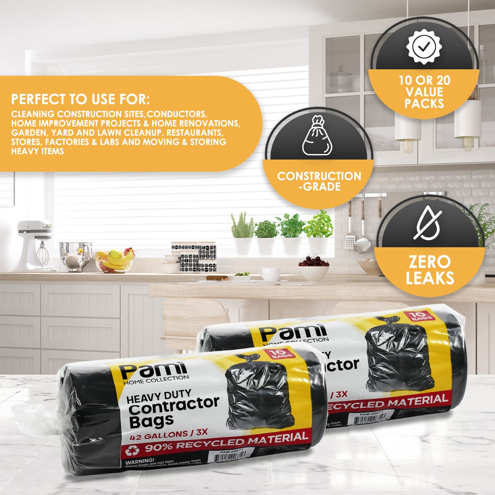 PAMI 42 Gallon Heavy Duty Trash Bags, Tear & Puncture Resistant Black Construction Bags, Contractor Bags for Yard Waste, Construction Sites