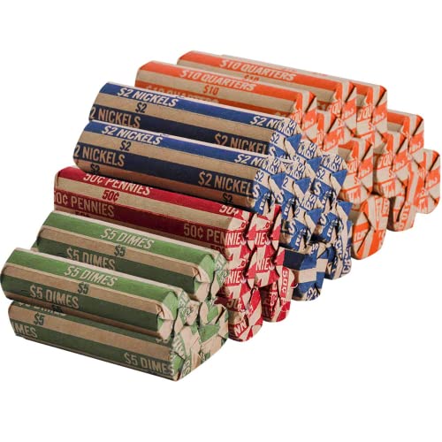 J Mark 400 Neatly-Packed Flat Coin Roll Wrappers Assorted, Made in USA, (Quarters, Dimes, Nickels, Pennies), ABA Striped Kraft Paper Coin Rolls Wrappers, Includes J Mark Deposit Slip