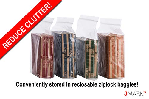 J Mark 400 Neatly-Packed Flat Coin Roll Wrappers Assorted, Made in USA, (Quarters, Dimes, Nickels, Pennies), ABA Striped Kraft Paper Coin Rolls Wrappers, Includes J Mark Deposit Slip