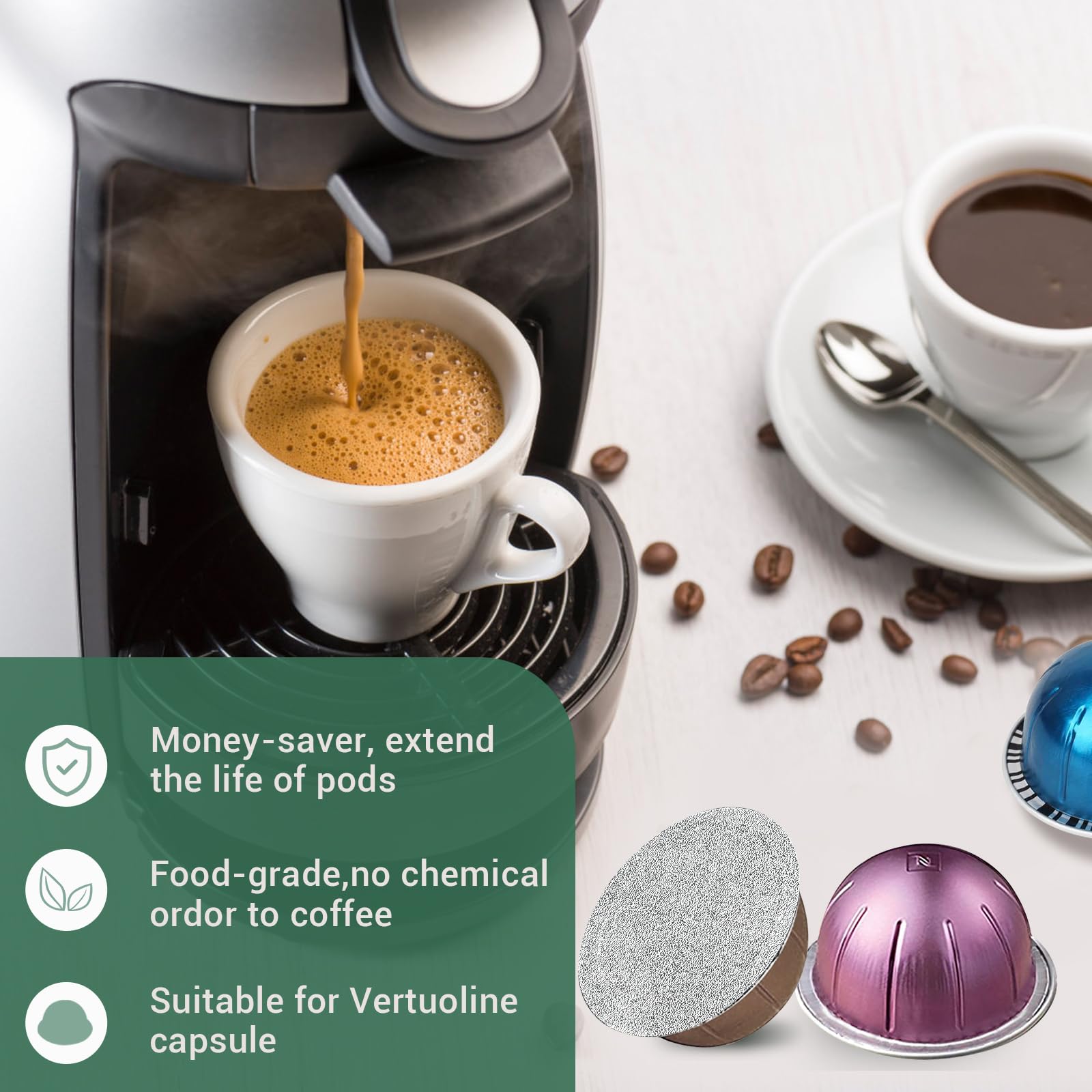 Aluminum Foils Lids to Reuse Vertuoline Capsules Coffee Pods and Refillable Pods,Compatible with Nespresso VertuoLine Machine, 64mm (100pcs)