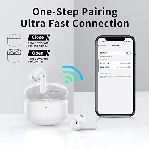 BONKON Bluetooth Earbuds, Wireless Headphones IPX7 Waterproof Wireless Bluetooth with Microphone Charging Case 48H Playtime, Pop-ups Auto Pairing Hi-Fi Stereo Sound Headset for Android/iOS (White)