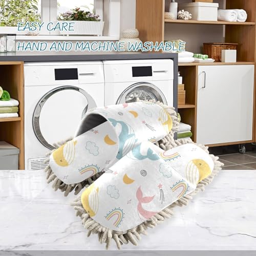 FLildon Microfiber Cleaning Slippers Cartoon Rainbow Whale Washable Mop Shoes Slipper for Men/Women House Floor Dust Cleaner, Size L