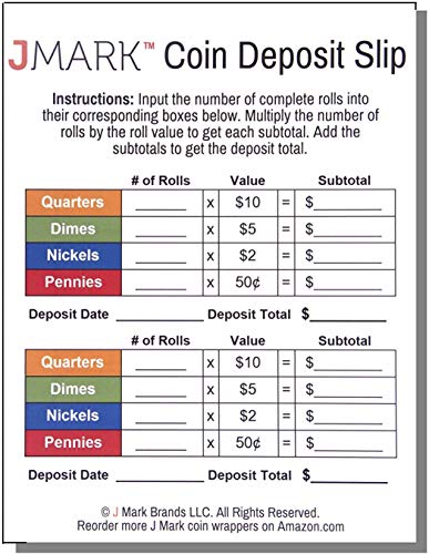 J Mark 400 Neatly-Packed Flat Coin Roll Wrappers Assorted, Made in USA, (Quarters, Dimes, Nickels, Pennies), ABA Striped Kraft Paper Coin Rolls Wrappers, Includes J Mark Deposit Slip