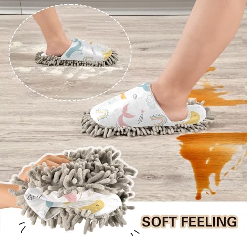 FLildon Microfiber Cleaning Slippers Cartoon Rainbow Whale Washable Mop Shoes Slipper for Men/Women House Floor Dust Cleaner, Size L