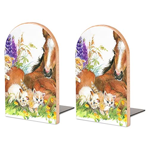 Pack of 2 Bookend White Horse Cat Non-Slip Book Stand Wooden Bookshelf Books Holder for Home Desk Office Library