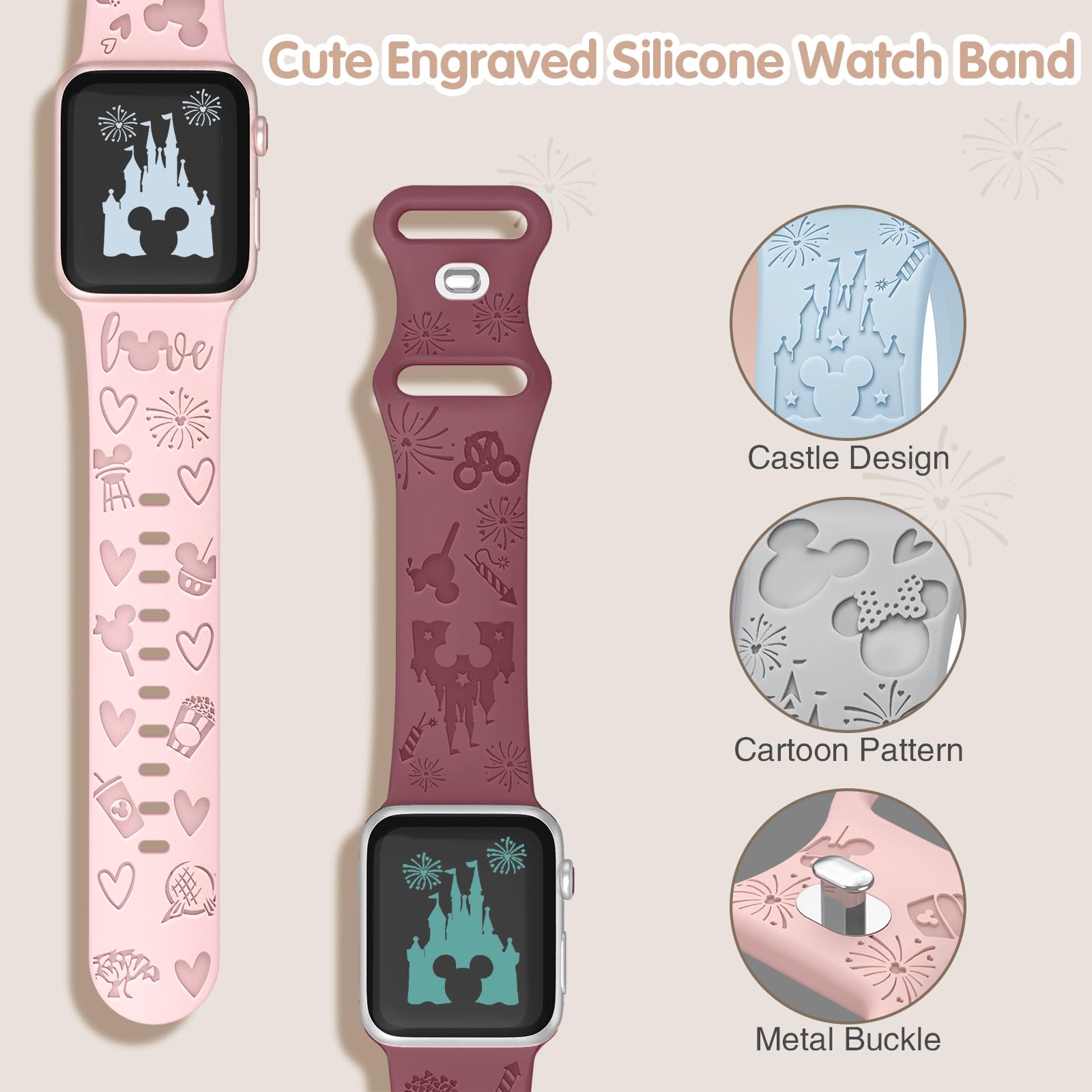 3 Pack Alibaydoo Cartoon Engraved Band Compatible with Apple Watch Bands 40mm 44mm 41mm 38mm 45mm 42mm 49mm Women,Cute Pattern Strap Soft Silicone Wristbands for iWatch Series 8 7 6 SE 5 4 3 2 1 Ultra