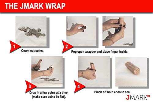J Mark 400 Neatly-Packed Flat Coin Roll Wrappers Assorted, Made in USA, (Quarters, Dimes, Nickels, Pennies), ABA Striped Kraft Paper Coin Rolls Wrappers, Includes J Mark Deposit Slip
