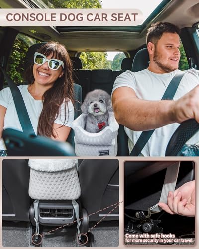 PETSFIT Center Console Dog Car Seat with Safe Protection Hooks, Pet Car Seat with Upgraded Safety Tethers, Washable Cushion, Console Dog Car Seats for Small Dogs Up to 12 Lbs(Grey)