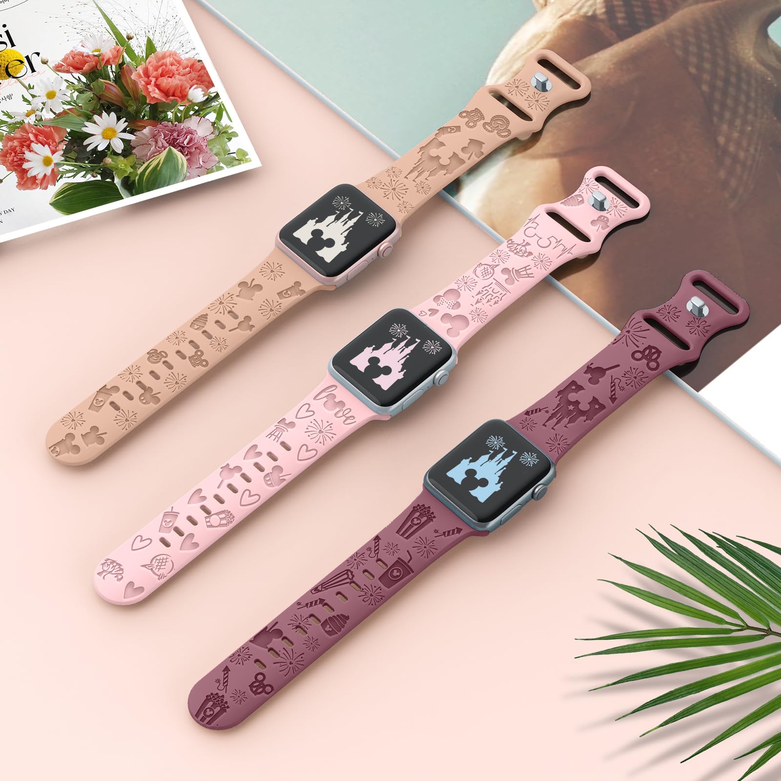 3 Pack Alibaydoo Cartoon Engraved Band Compatible with Apple Watch Bands 40mm 44mm 41mm 38mm 45mm 42mm 49mm Women,Cute Pattern Strap Soft Silicone Wristbands for iWatch Series 8 7 6 SE 5 4 3 2 1 Ultra