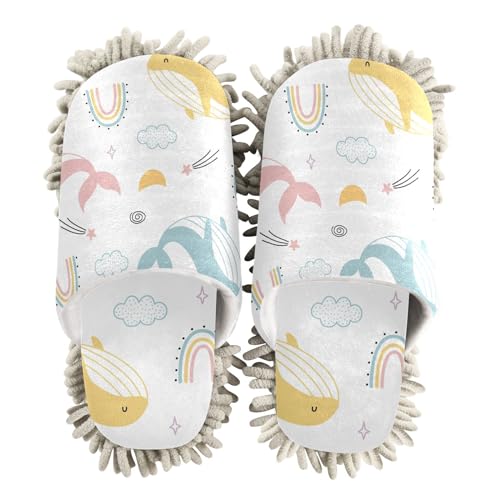 FLildon Microfiber Cleaning Slippers Cartoon Rainbow Whale Washable Mop Shoes Slipper for Men/Women House Floor Dust Cleaner, Size L