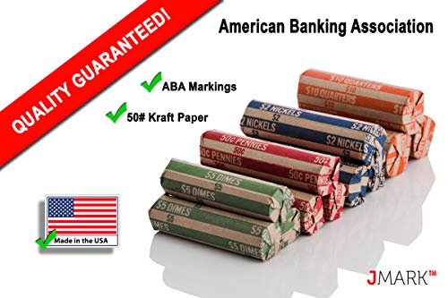 J Mark 400 Neatly-Packed Flat Coin Roll Wrappers Assorted, Made in USA, (Quarters, Dimes, Nickels, Pennies), ABA Striped Kraft Paper Coin Rolls Wrappers, Includes J Mark Deposit Slip