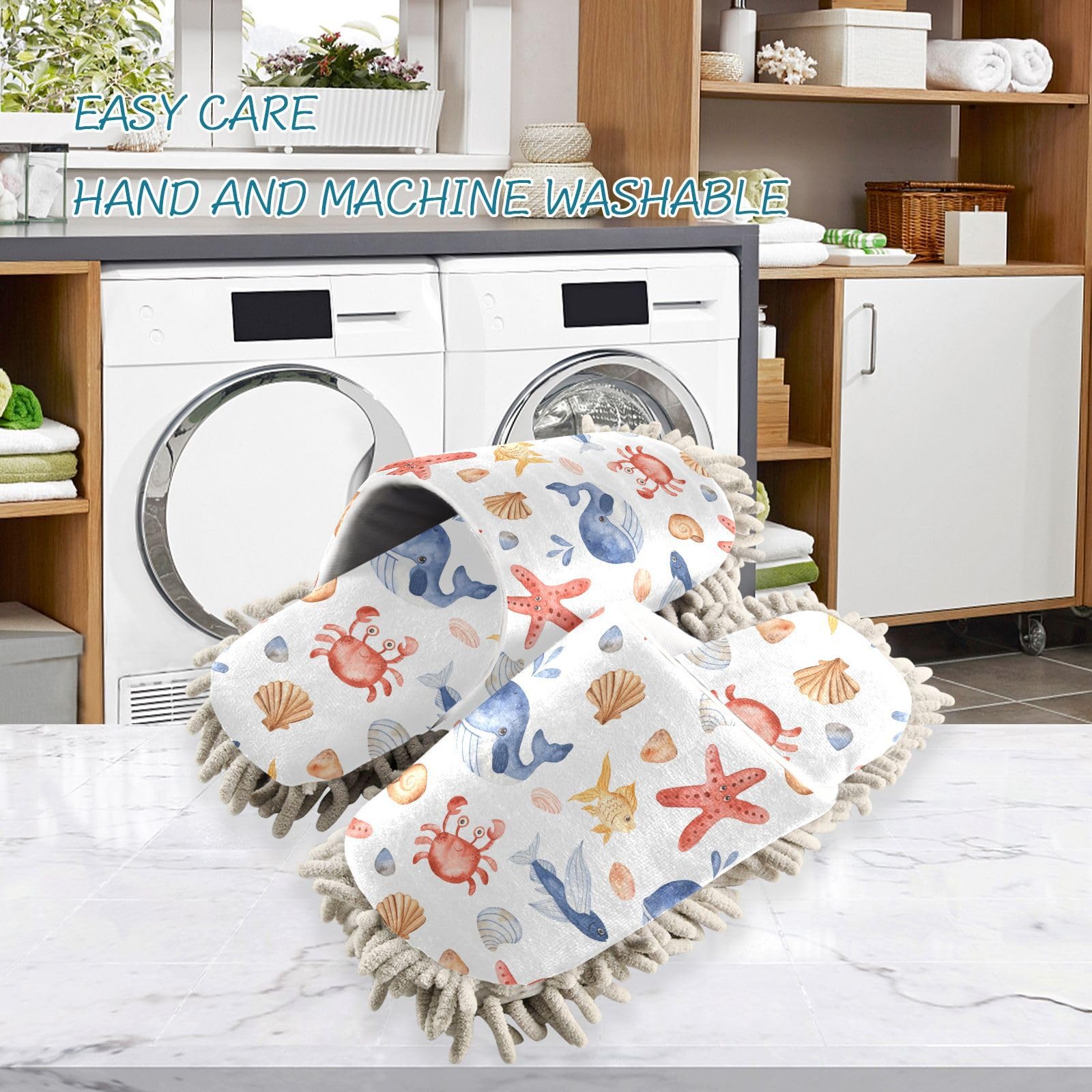 FLildon Microfiber Cleaning Slippers Cute Sea Animal Whale Washable Mop Shoes Slipper for Men/Women House Floor Dust Cleaner, Size L
