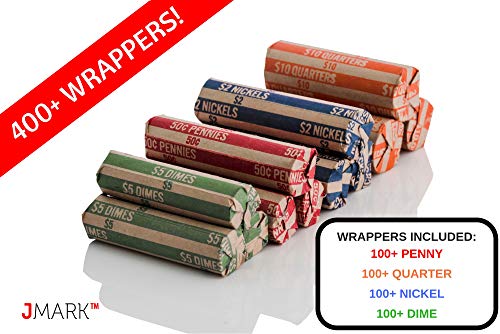 J Mark 400 Neatly-Packed Flat Coin Roll Wrappers Assorted, Made in USA, (Quarters, Dimes, Nickels, Pennies), ABA Striped Kraft Paper Coin Rolls Wrappers, Includes J Mark Deposit Slip