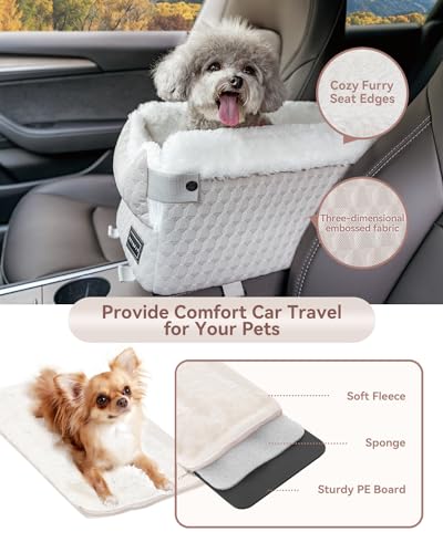 PETSFIT Center Console Dog Car Seat with Safe Protection Hooks, Pet Car Seat with Upgraded Safety Tethers, Washable Cushion, Console Dog Car Seats for Small Dogs Up to 12 Lbs(Grey)
