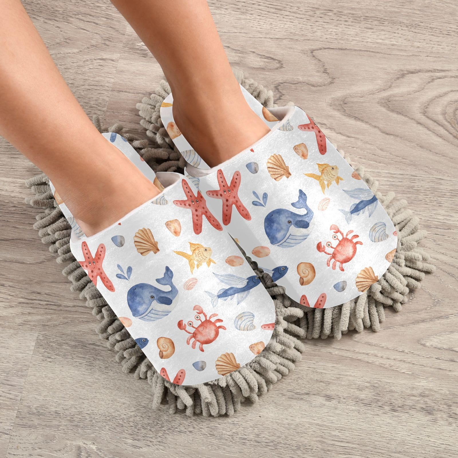 FLildon Microfiber Cleaning Slippers Cute Sea Animal Whale Washable Mop Shoes Slipper for Men/Women House Floor Dust Cleaner, Size L