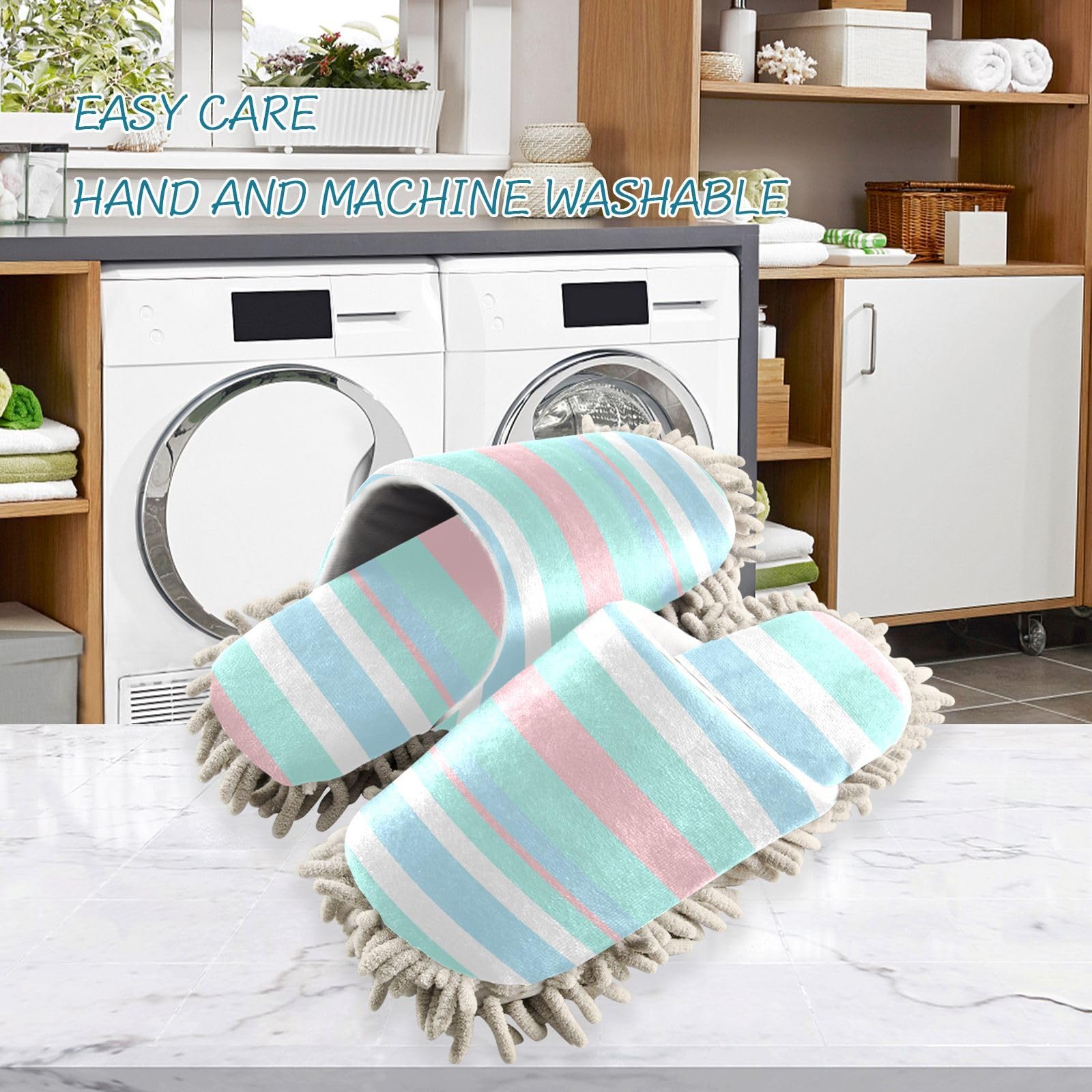 FLildon Microfiber Cleaning Slippers Aqua Pink Stripes Washable Mop Shoes Slipper for Men/Women House Floor Dust Cleaner, Size L