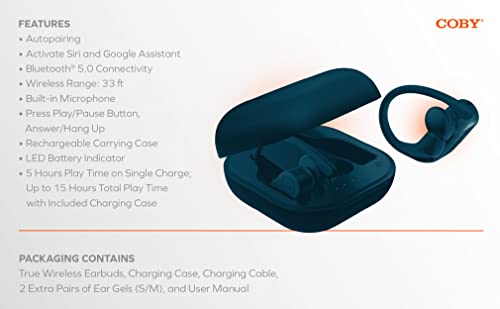 Coby True Wireless Sport Earbuds 15 Hours, Charging Case, Playback Controls, Siri and Google Assistant, Auto Bluetooth 5.0 Pairing, for Gym, Running, Workout - Works with iPhone, Android, iPad (Blue)
