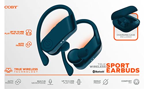 Coby True Wireless Sport Earbuds 15 Hours, Charging Case, Playback Controls, Siri and Google Assistant, Auto Bluetooth 5.0 Pairing, for Gym, Running, Workout - Works with iPhone, Android, iPad (Blue)