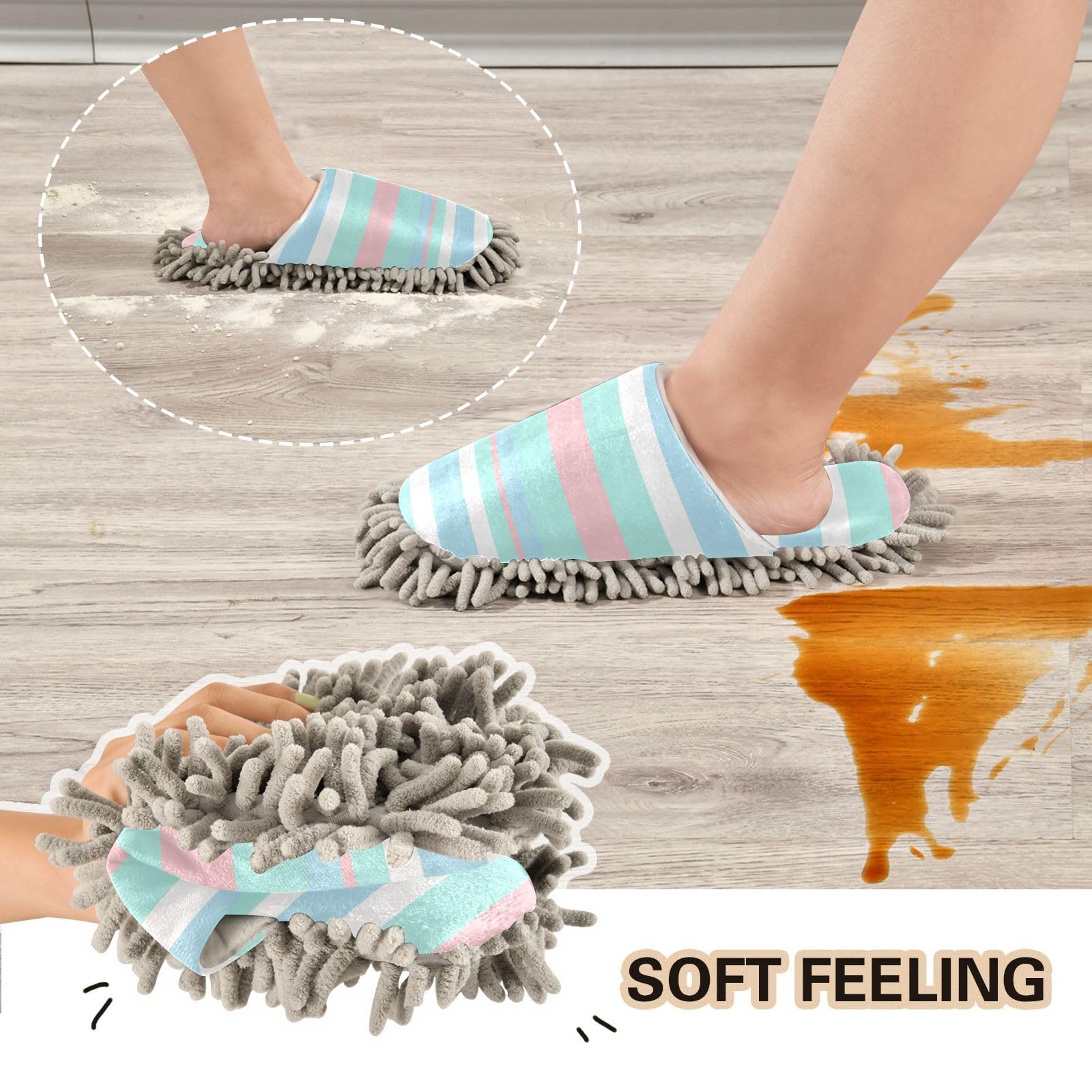 FLildon Microfiber Cleaning Slippers Aqua Pink Stripes Washable Mop Shoes Slipper for Men/Women House Floor Dust Cleaner, Size L
