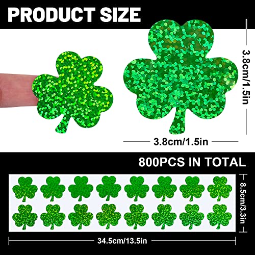 Whaline 800Pcs Shamrock Shape Glitter Stickers St. Patrick's Day Holographic Stickers Lucky Clover Shinny Label Tag Self-Adhesive Stickers for Irish Holiday Party Boxes Cards Seal Envelopes