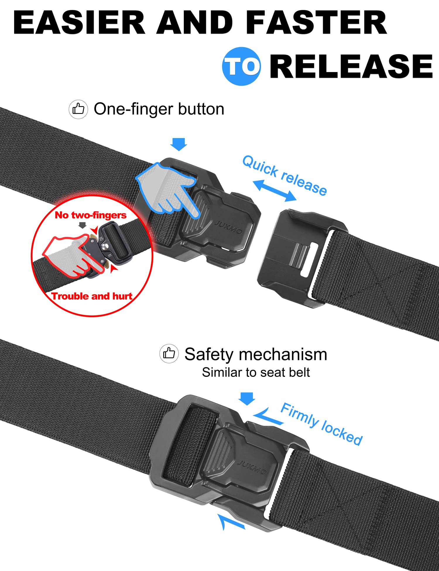 JUKMO Tactical Belt for Men, Military Rigger 1.5" Nylon Web Work Belt with Quick Release Heavy Duty Buckle (Black, Medium-for Waist 36"-42" (Length 49"))