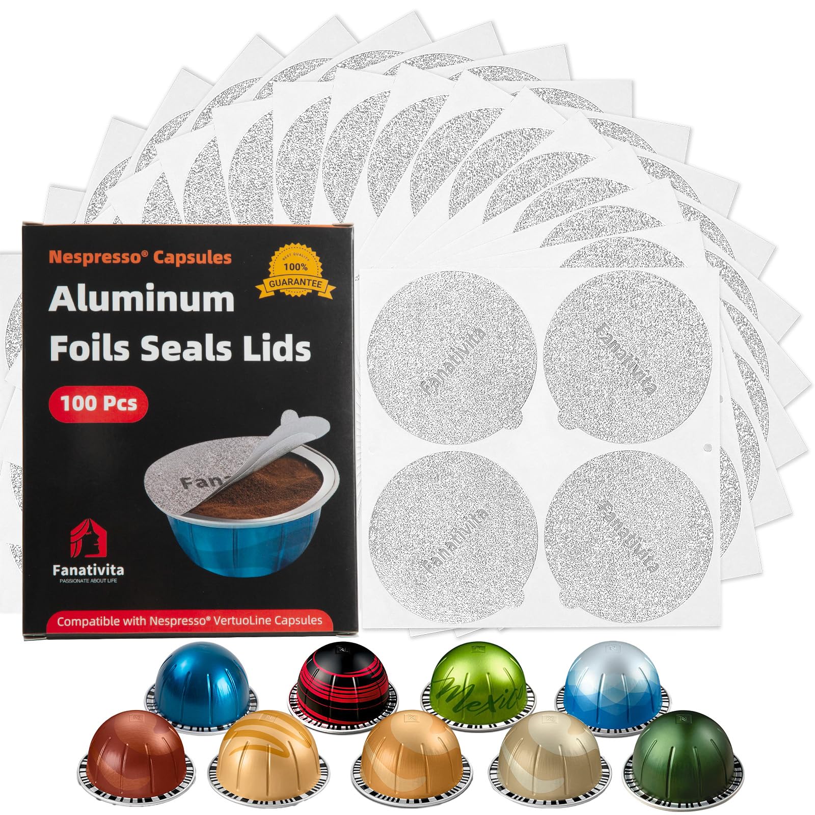 Fanativita Universal Aluminum Foil Seal Lids for Nespresso Pods Vertuo, Compatible with Nespresso Vertuo Reusable Pods, 100Pcs Coffee Pods Covers (62mm)
