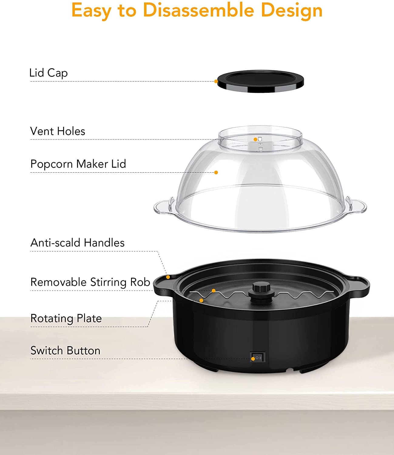 ACONEE Popcorn Maker Electric Hot-oil Popcorn Machine, 16 Cups Popcorn Maker with Nonstick Plate, Stirring Rod, 4Qts Large Lid for Reversible Serving Bowl, 2 Measuring Spoons & Cool Touch Handle