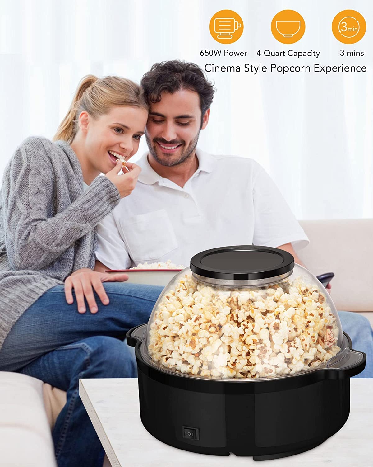 ACONEE Popcorn Maker Electric Hot-oil Popcorn Machine, 16 Cups Popcorn Maker with Nonstick Plate, Stirring Rod, 4Qts Large Lid for Reversible Serving Bowl, 2 Measuring Spoons & Cool Touch Handle