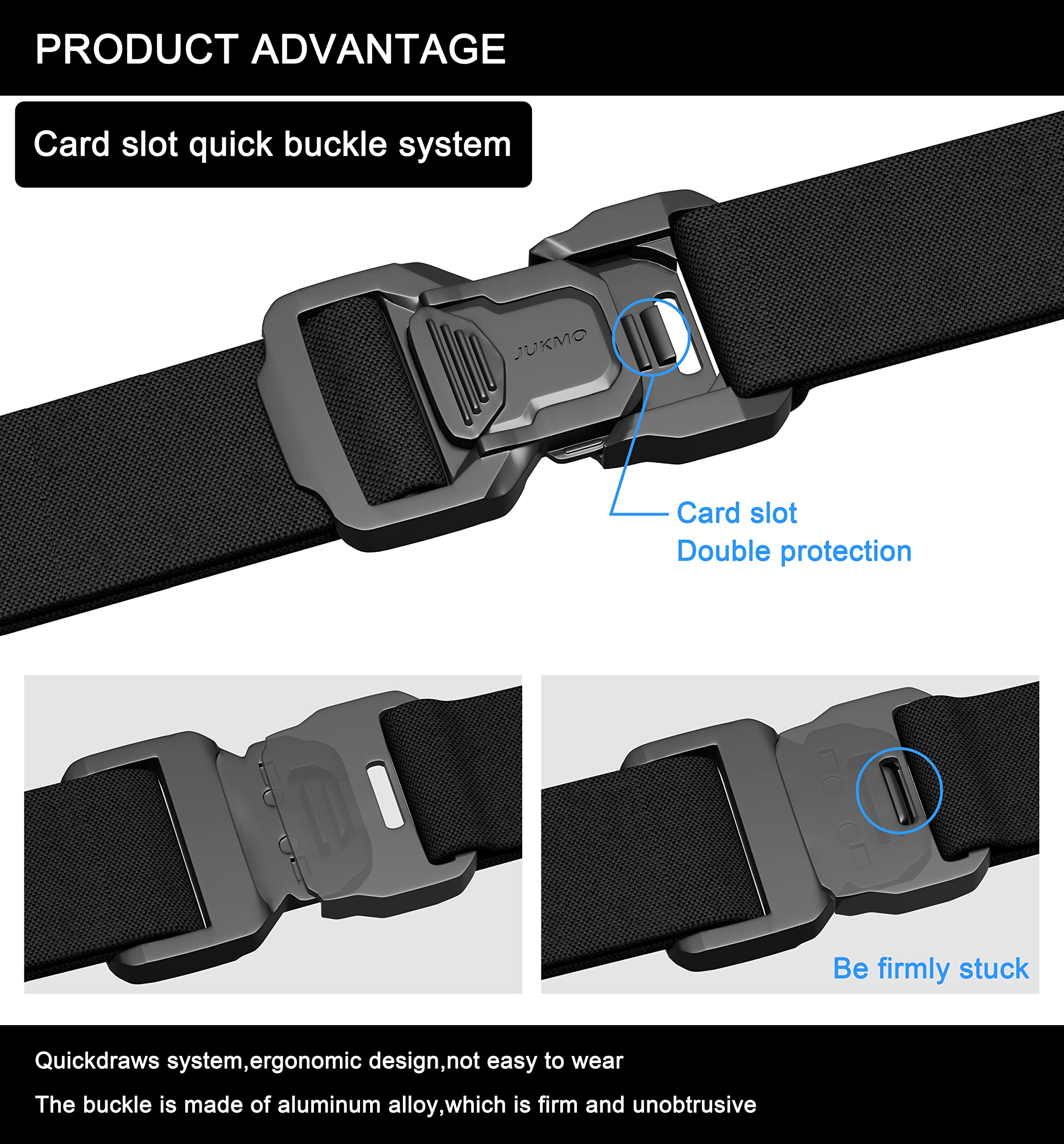 JUKMO Tactical Belt for Men, Military Rigger 1.5" Nylon Web Work Belt with Quick Release Heavy Duty Buckle (Black, Medium-for Waist 36"-42" (Length 49"))