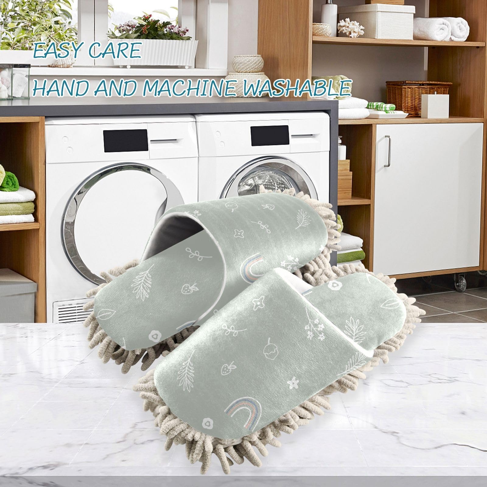 FLildon Microfiber Cleaning Slippers Rainbow Floral Leaf Washable Mop Shoes Slipper for Men/Women House Floor Dust Cleaner, Size L