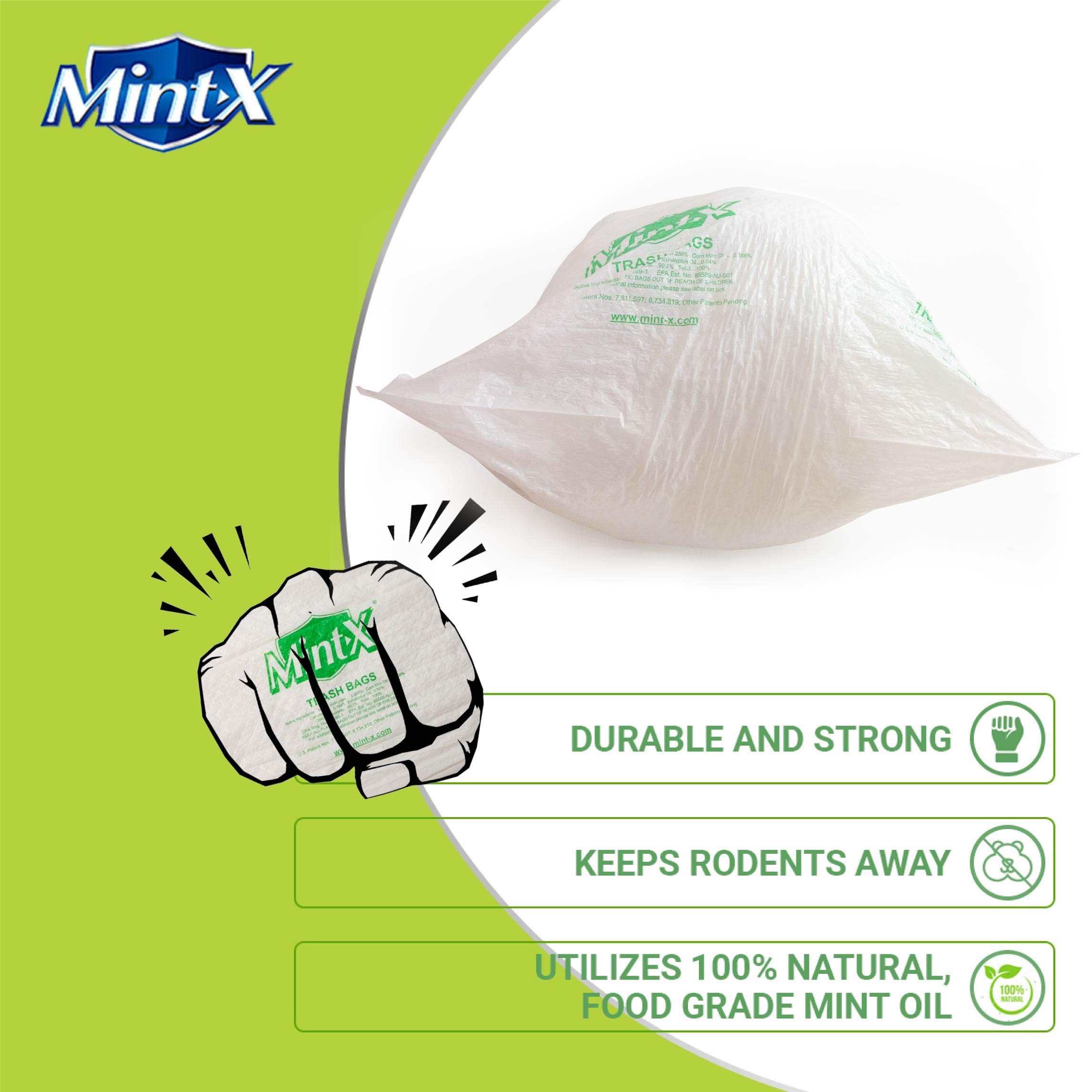 Mint -X Rodent Repellent Indoor Tall Kitchen Drawstring Trash Bags with Mint-Flex Technology; 13 Gallon, 120 Count, White