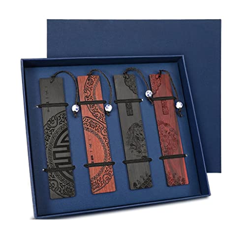 GGFLY 4pcs Traditional Style Wood Handmade Bookmark Carving Box Set for Teachers Men and Women Birthday Gift (Including Box)