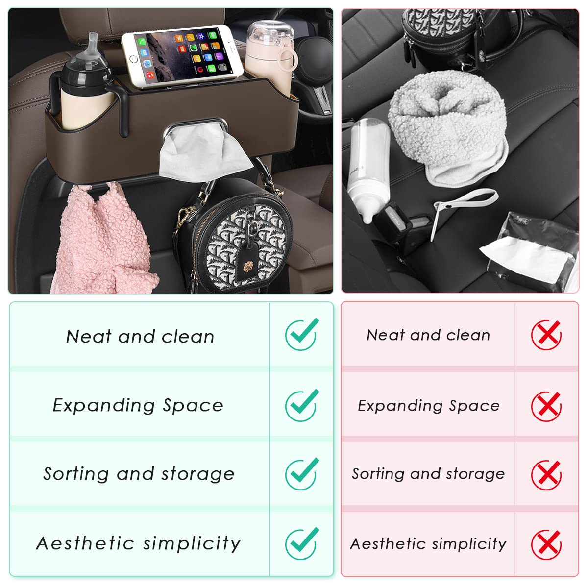 Back of Car Seat Organizer, Trunk Organizer for Car with 2 Drink Cup Holder, Cell Phone Holders, Hooks and Tissue Box, Vehicle Multifunctional Storage Box for Kids and Adults Travel (Brown)