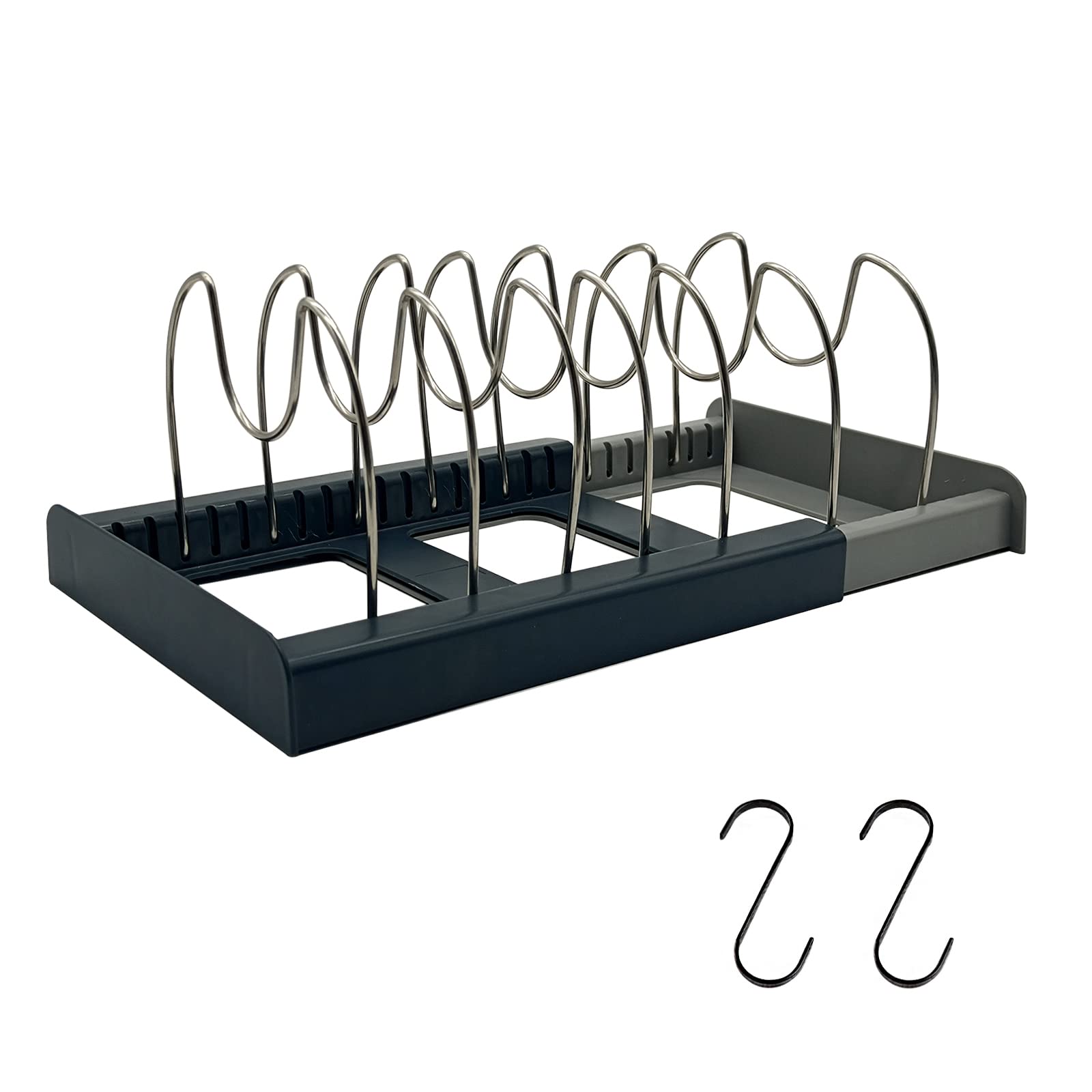 Expandable Pot Pan Lid Organizer Rack Holder with 7 Adjustable Dividers Stainless Steel Storage Rack Kitchen Organizer Holder Cabinet Countertop Pan Lid Holder with 2 Hooks