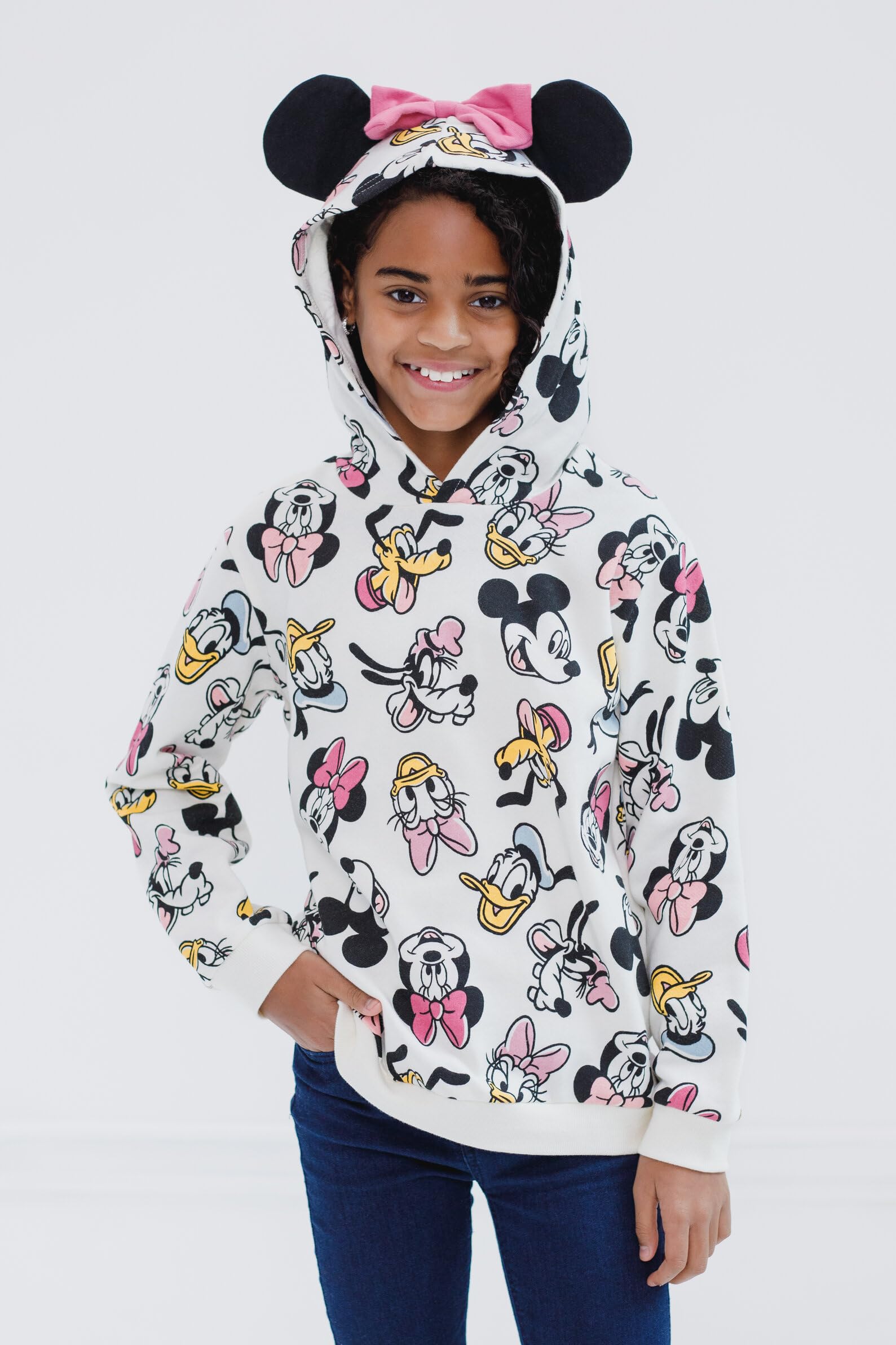 Disney Minnie Mouse Little Girls Fleece Pullover Hoodie White/Bow 7-8