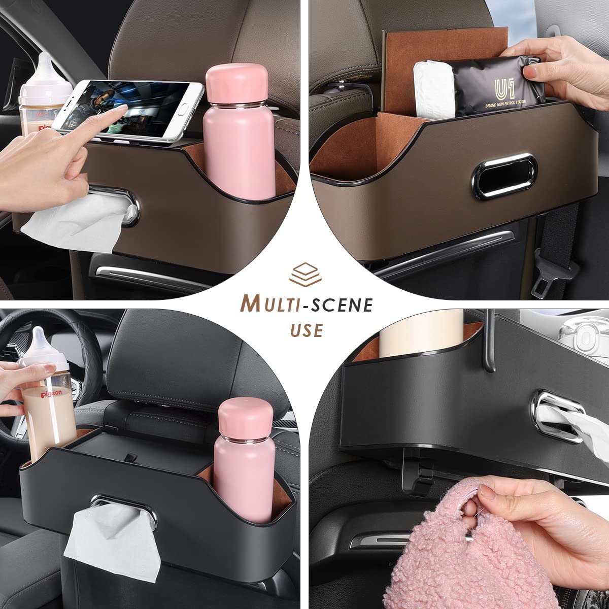 Back of Car Seat Organizer, Trunk Organizer for Car with 2 Drink Cup Holder, Cell Phone Holders, Hooks and Tissue Box, Vehicle Multifunctional Storage Box for Kids and Adults Travel (Brown)