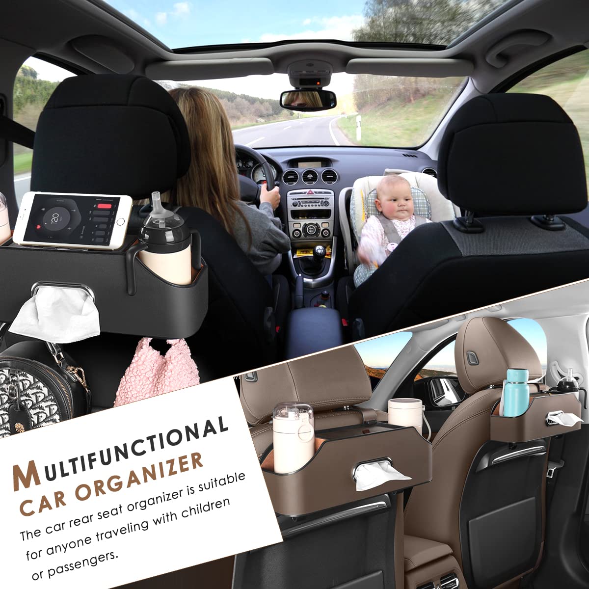 Back of Car Seat Organizer, Trunk Organizer for Car with 2 Drink Cup Holder, Cell Phone Holders, Hooks and Tissue Box, Vehicle Multifunctional Storage Box for Kids and Adults Travel (Brown)