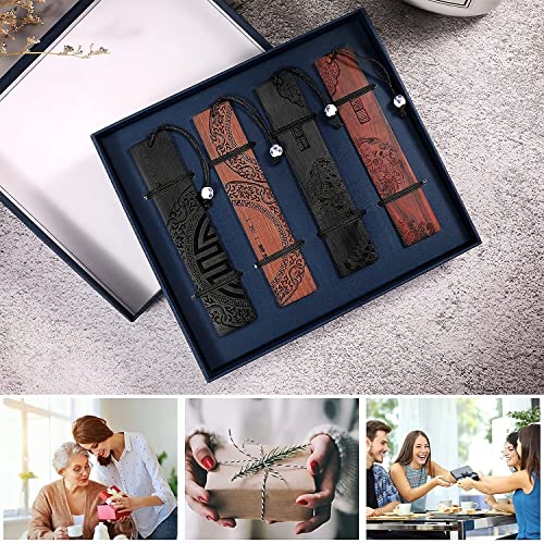 GGFLY 4pcs Traditional Style Wood Handmade Bookmark Carving Box Set for Teachers Men and Women Birthday Gift (Including Box)