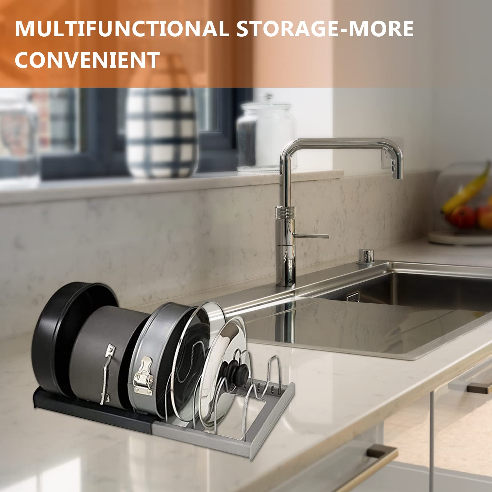 Expandable Pot Pan Lid Organizer Rack Holder with 7 Adjustable Dividers Stainless Steel Storage Rack Kitchen Organizer Holder Cabinet Countertop Pan Lid Holder with 2 Hooks