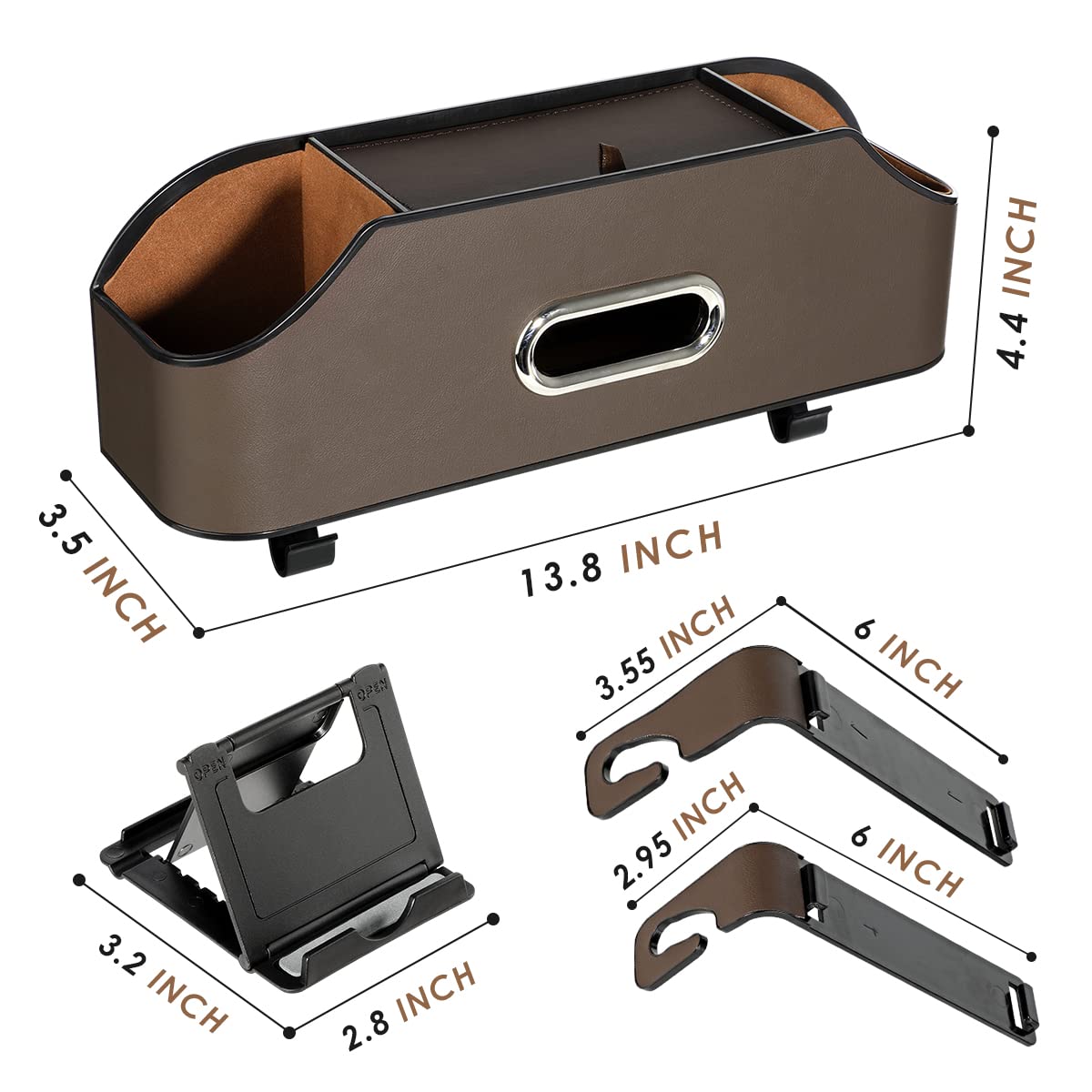 Back of Car Seat Organizer, Trunk Organizer for Car with 2 Drink Cup Holder, Cell Phone Holders, Hooks and Tissue Box, Vehicle Multifunctional Storage Box for Kids and Adults Travel (Brown)