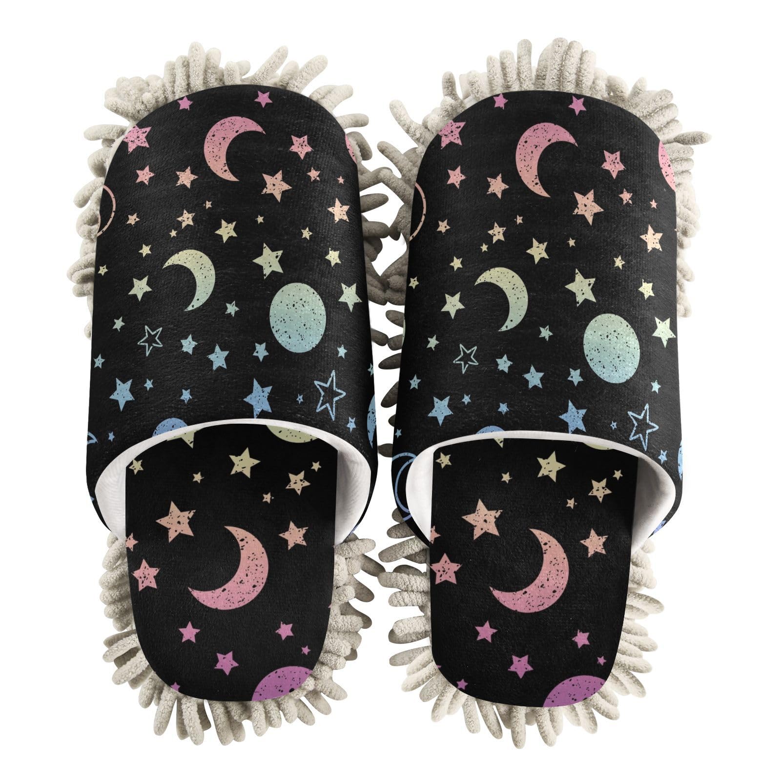 FLildon Microfiber Cleaning Slippers Gradient Moon Stars Washable Mop Shoes Slipper for Men/Women House Floor Dust Cleaner, Size L