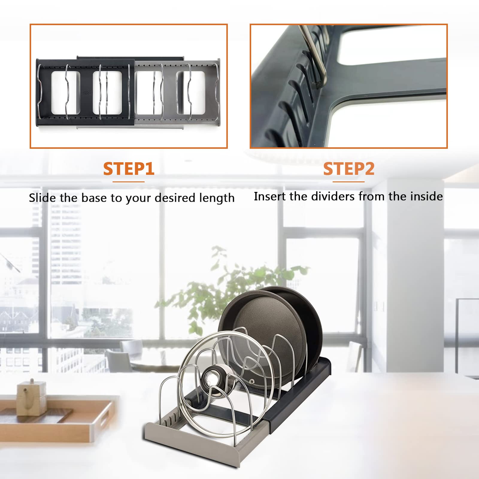 Expandable Pot Pan Lid Organizer Rack Holder with 7 Adjustable Dividers Stainless Steel Storage Rack Kitchen Organizer Holder Cabinet Countertop Pan Lid Holder with 2 Hooks