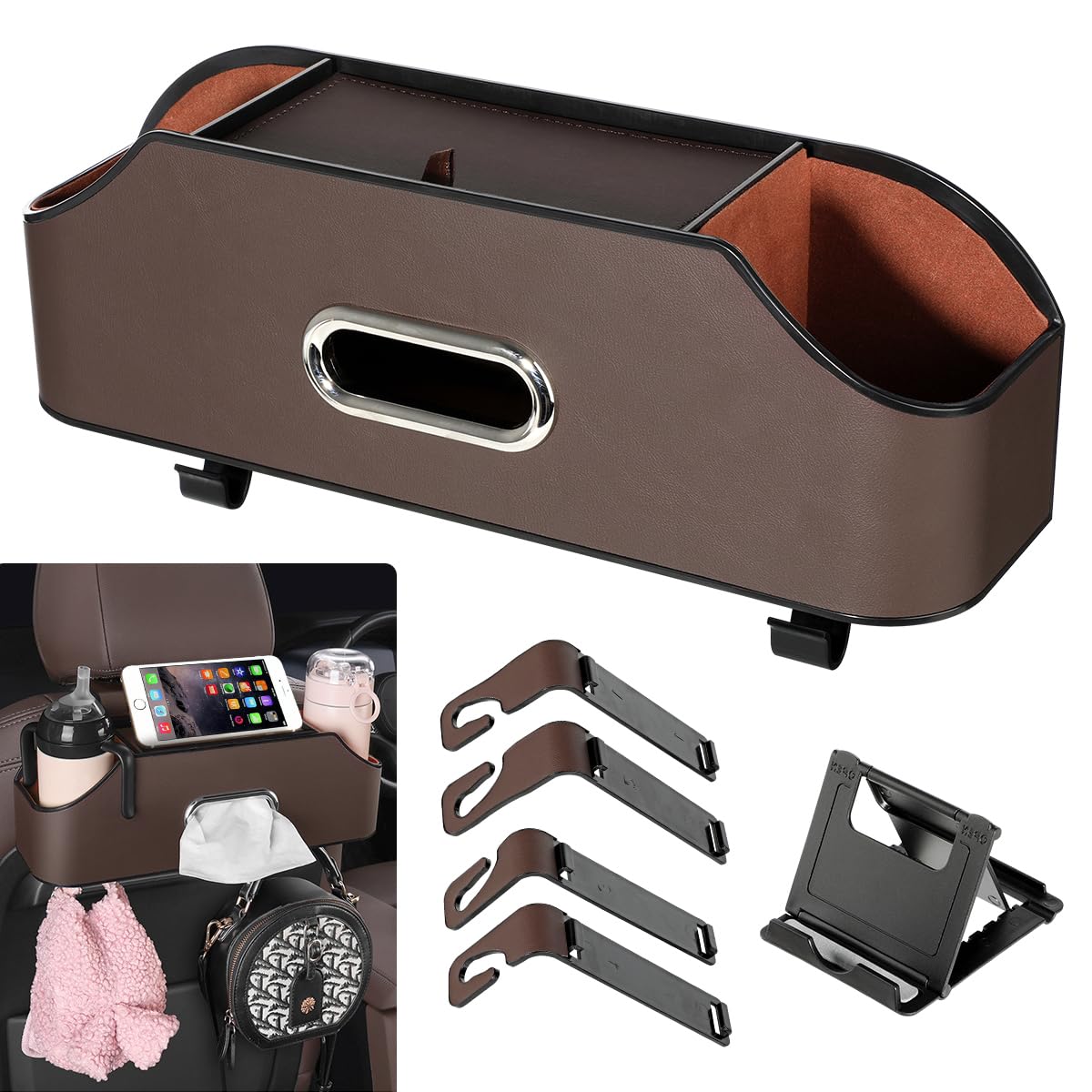 Back of Car Seat Organizer, Trunk Organizer for Car with 2 Drink Cup Holder, Cell Phone Holders, Hooks and Tissue Box, Vehicle Multifunctional Storage Box for Kids and Adults Travel (Brown)