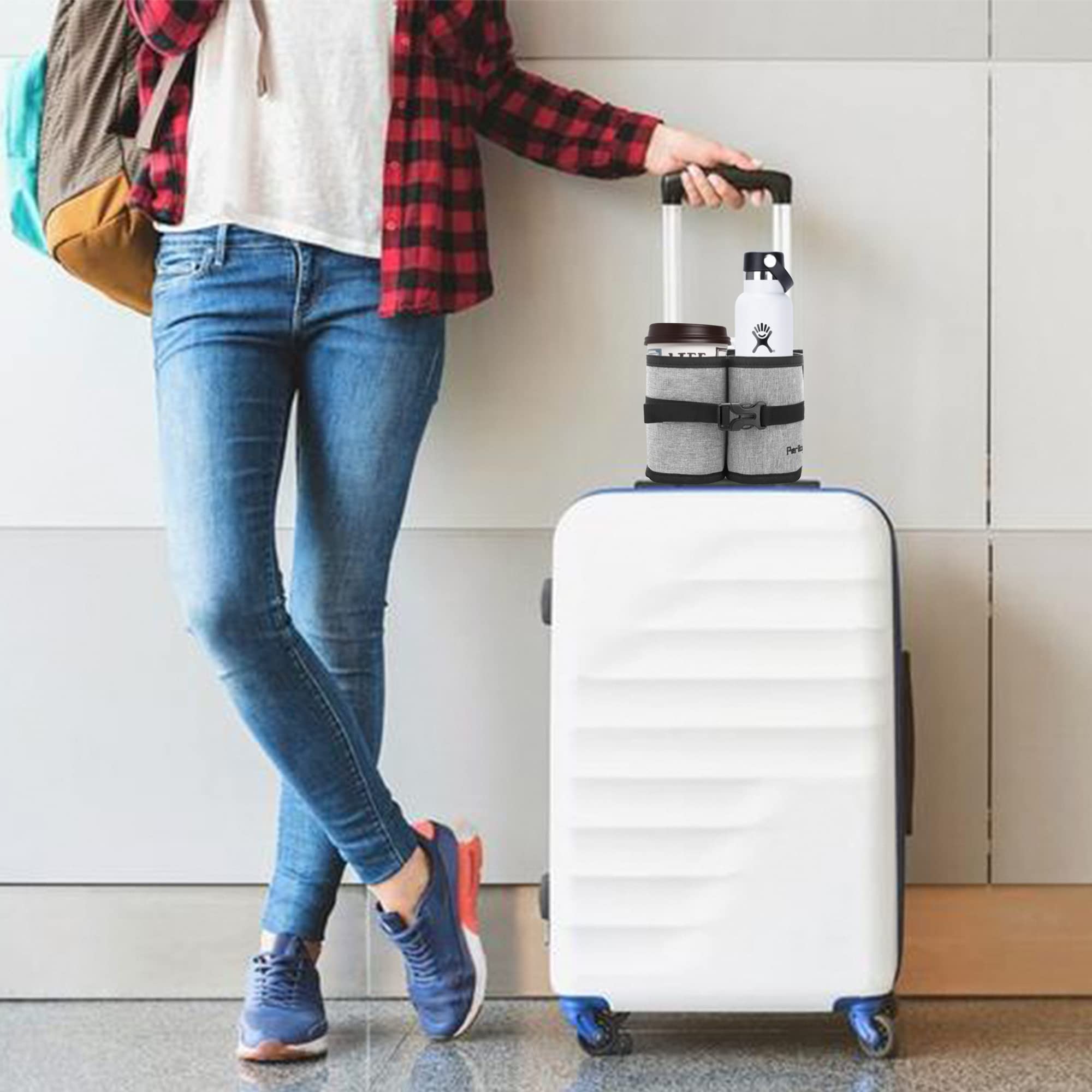 Perilogics Luggage Travel Cup Holder Attachment for Suitcase Drink, Coffee Mug, Bottle Caddy. Traveler Carry on Hands Free Accessory. Ideal for Frequent Travelers or Flight Attendants Gift.