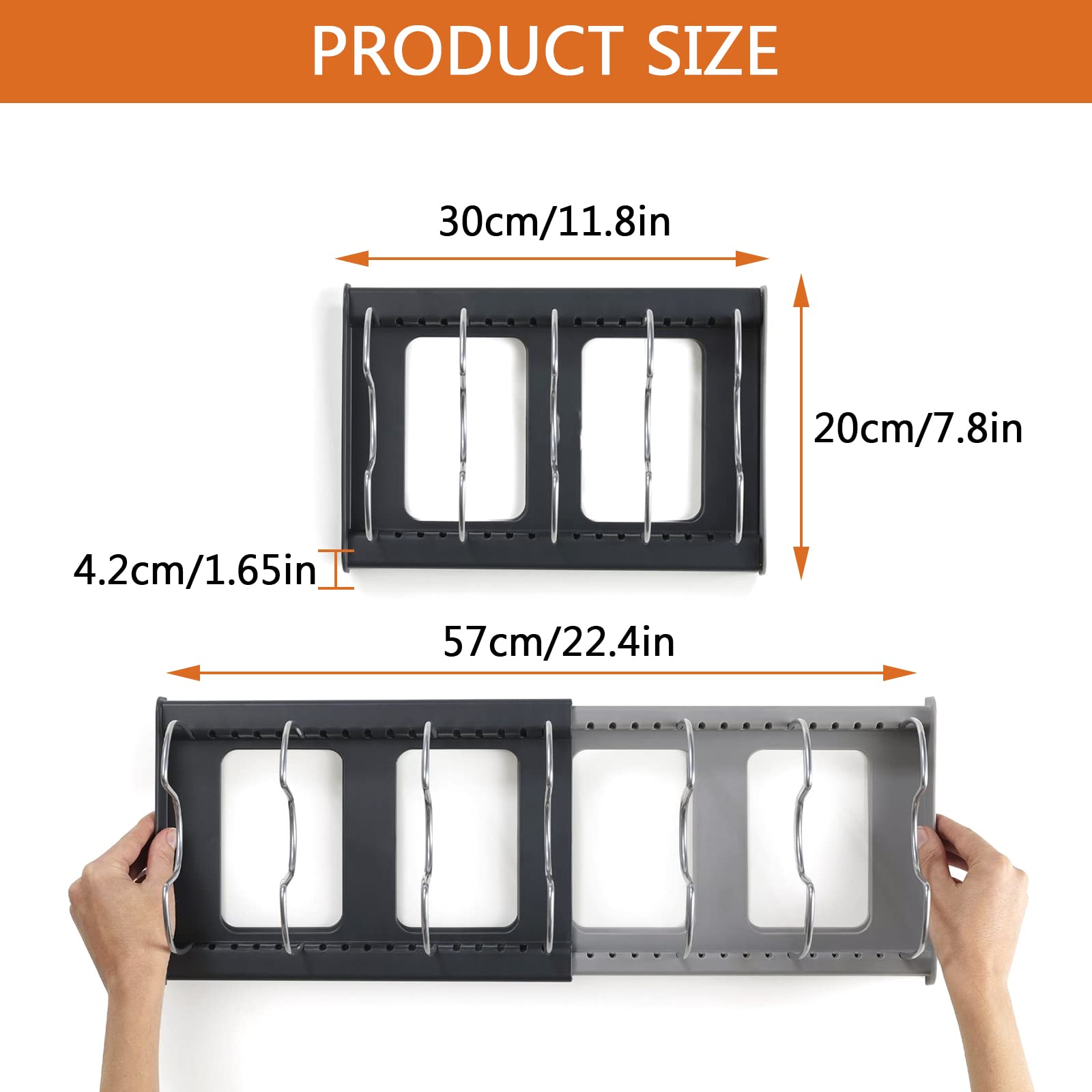 Expandable Pot Pan Lid Organizer Rack Holder with 7 Adjustable Dividers Stainless Steel Storage Rack Kitchen Organizer Holder Cabinet Countertop Pan Lid Holder with 2 Hooks