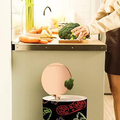 CAKOJV188 Round Trash Can with Press Lid Seamless Abstract with Colorful Silhouettes Joystick Game for Boys Small Garbage Can Trash Color